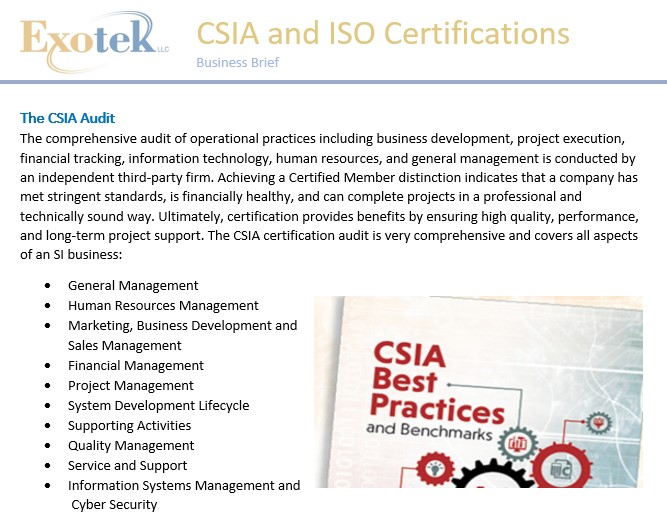 CSIA and ISO Certifications Business Brief - Exotek